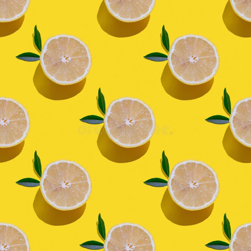 Seamless Pattern with Hard Shadows, Half Cut Lemons with Leaves on ...