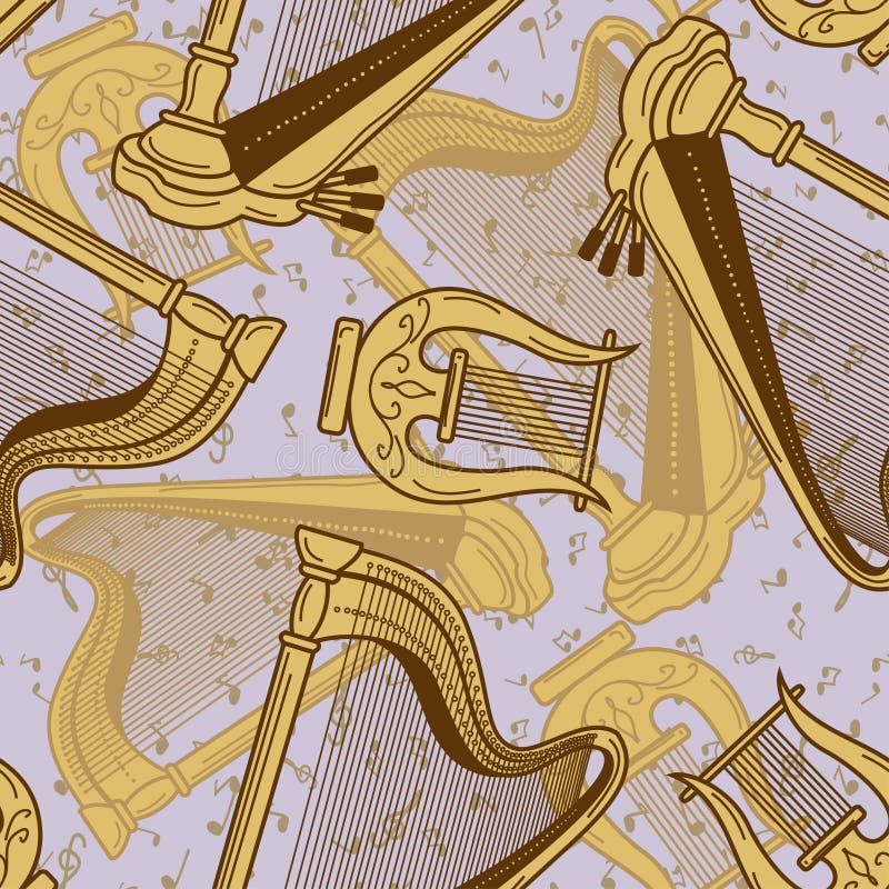 Seamless Pattern of Harp and Lyre Stock Vector - Illustration of celtic ...