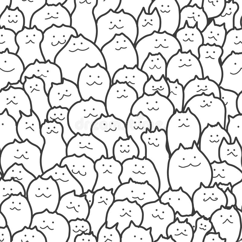 Seamless Pattern, Heads of Cartoon Cats. Engraving Vector Stock ...