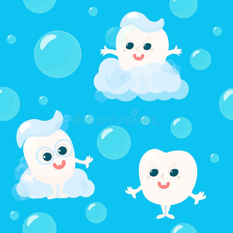 Seamless Pattern of Healthy Happy Baby Teeth with Toothpaste on Head ...