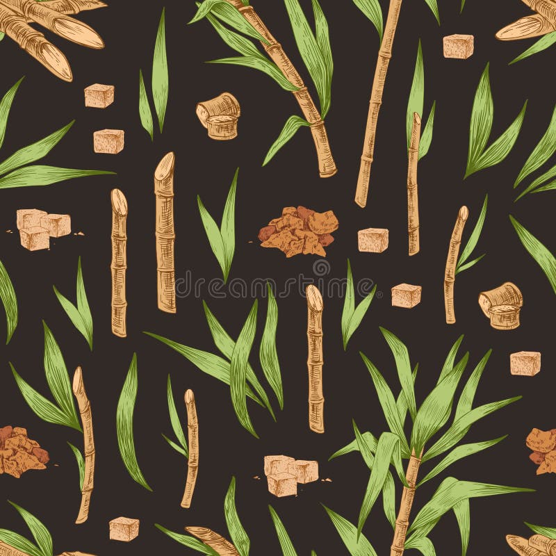 Seamless Pattern with Heaps and Cubes of Brown Sugar, Cane Leaves and ...