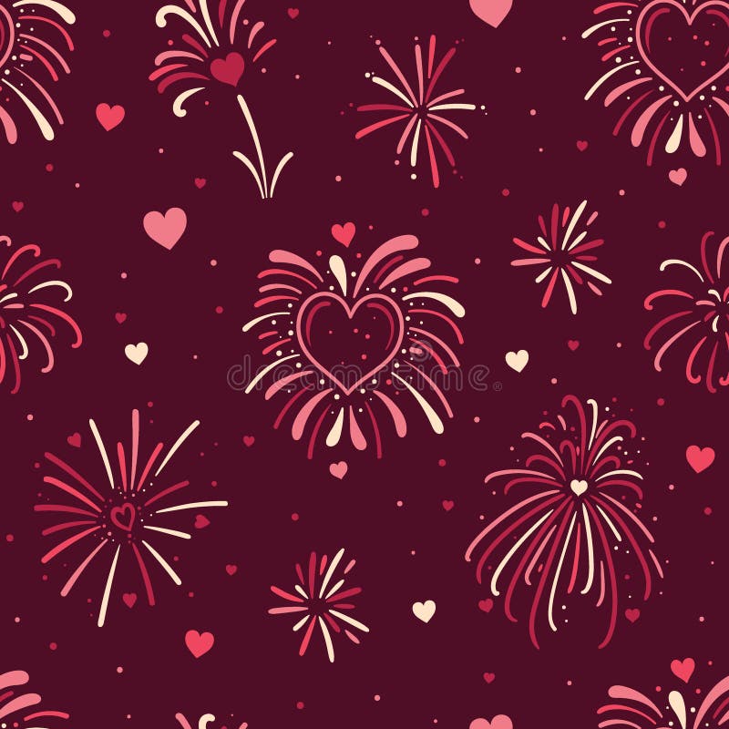 Seamless Pattern with Heart Fireworks in the Night Sky in Pink and Red ...