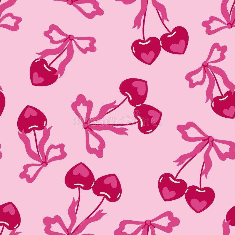 Seamless Pattern with Heart-shaped Cherries with Bows. Vector Graphics ...