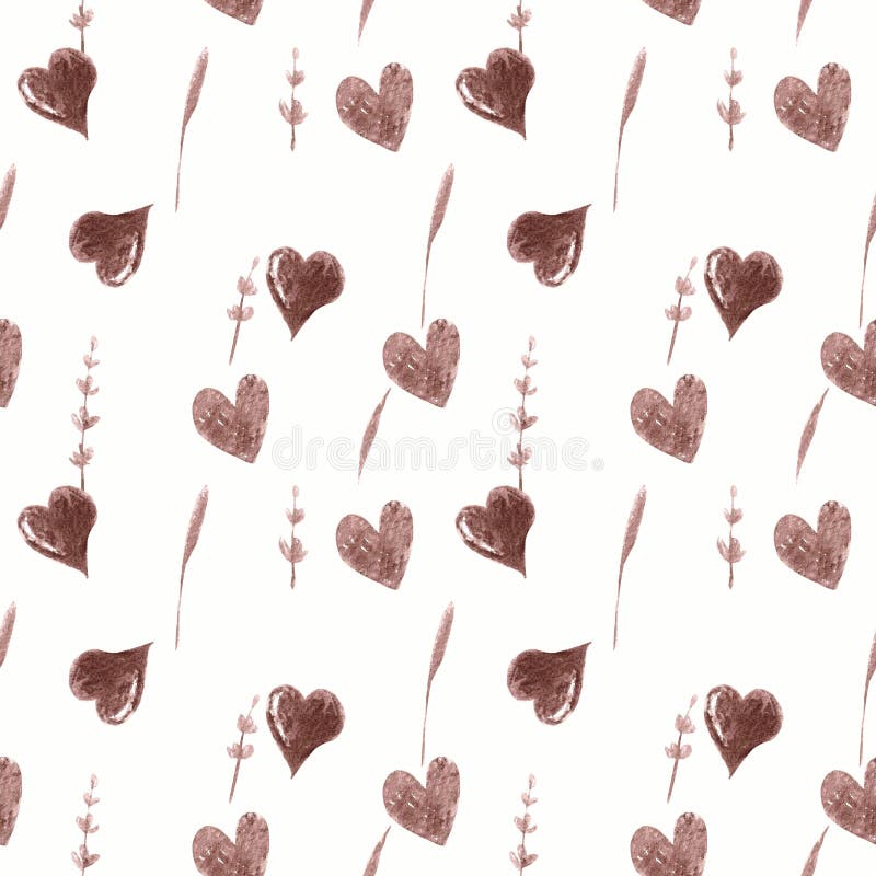Seamless Pattern with Hearts, Herbs and Lavender on White Background ...