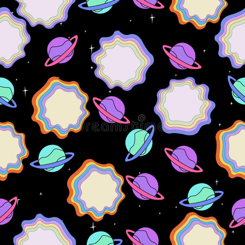 Seamless Pattern Hippie Space with Colorful Planets and Portals Stock ...
