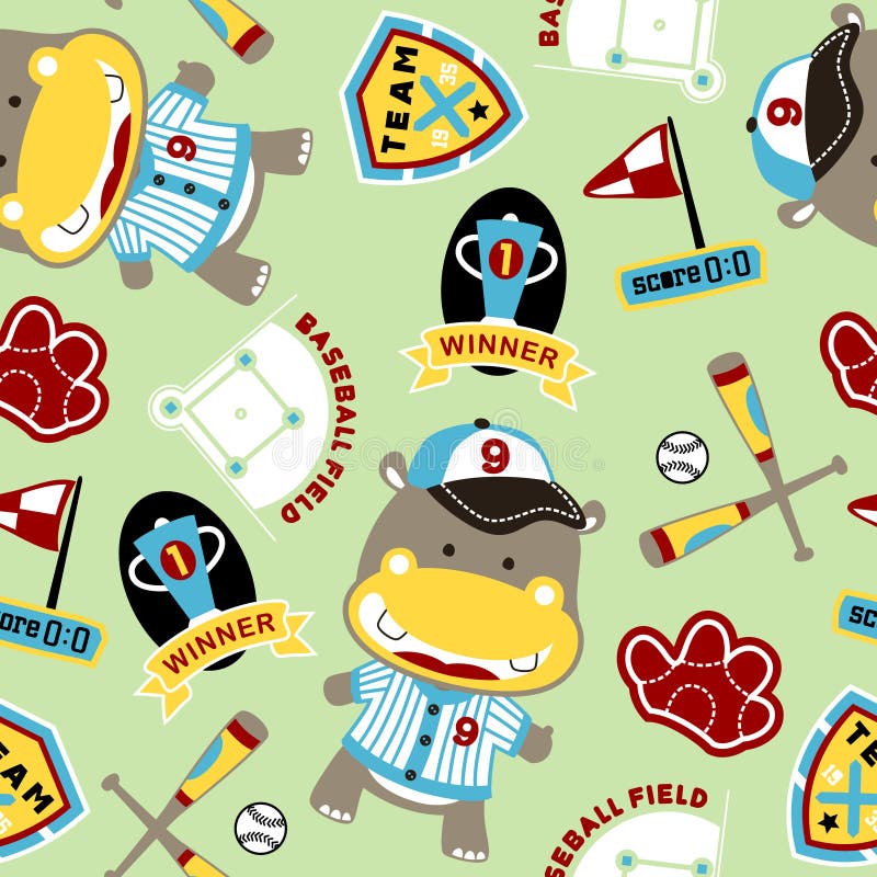 Seamless Pattern with Hippo the Baseball Player Cartoon. Baseball Theme ...