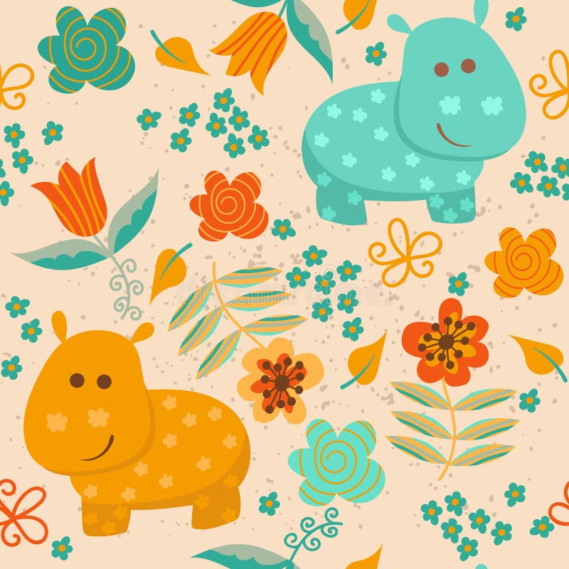 Seamless Pattern with Hippo and Flowers. Stock Vector - Illustration of ...