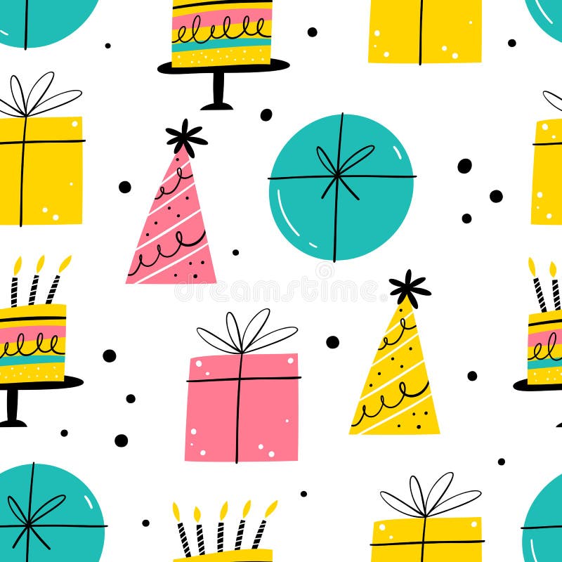 Seamless Pattern with Holiday Elements. Hand Drawn Birthday Print Stock ... Seamless Pattern with Holiday Elements. Hand Drawn Birthday Print Stock ...