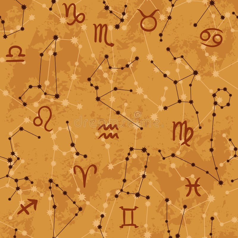 Seamless Pattern with Horoscope Signs and Constellations on Aged Paper ...