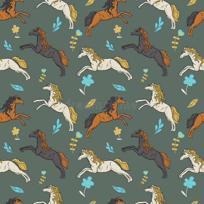 Seamless Pattern with Horses at the Field with Flowers Stock Vector ...