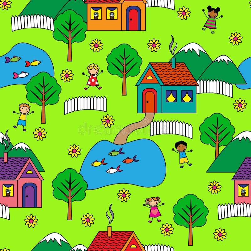 Seamless Pattern with Houses, Trees and People Stock Vector ...