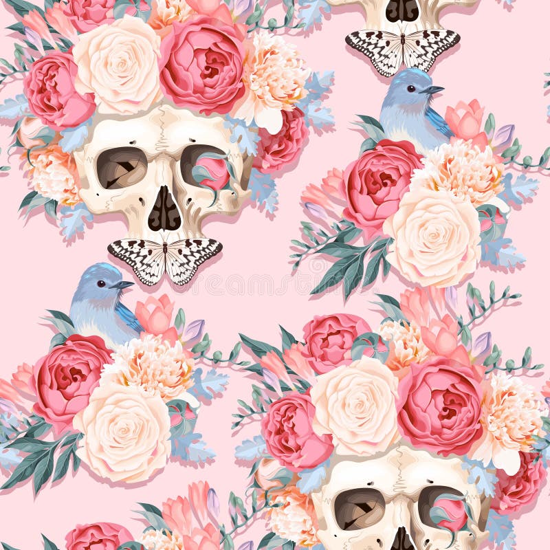 Skull pattern stock vector. Illustration of peony, pink - 53477075