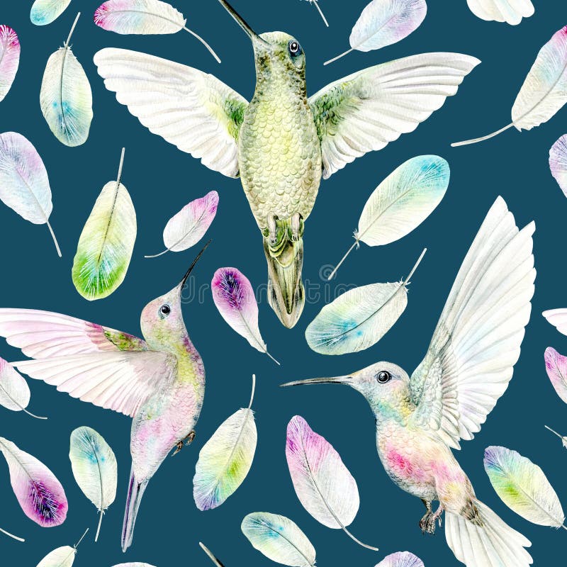 Seamless Pattern of a Hummingbird and Brightly Colored Feathers ...