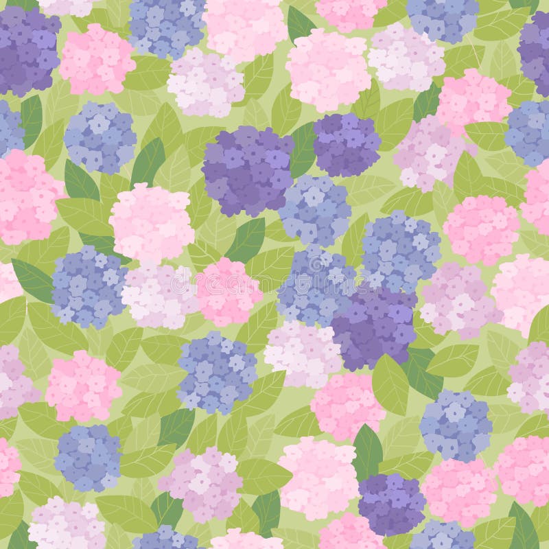 Seamless Pattern with Hydrangea Flowers, Petals and Leaves on Green ...