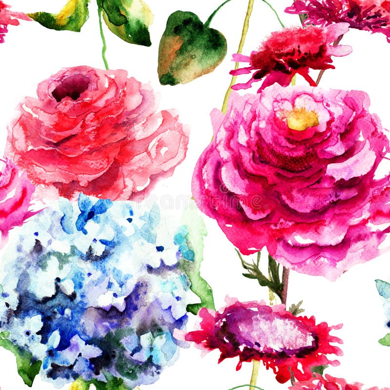 Seamless Pattern with Hydrangea and Peony Flowers Stock Illustration ...