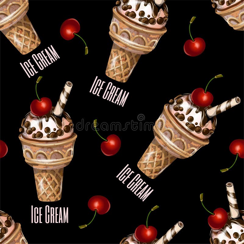 Seamless Pattern with Ice Cream and Cherries . Vector Illustration ...