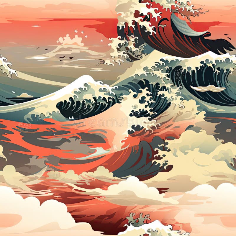 Seamless Pattern of the Iconic Great Wave Off Kanagawa in Surrealistic ...