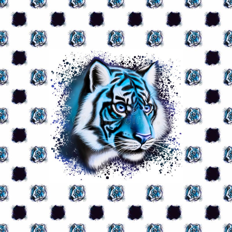 Seamless Pattern with Faces of an Ice Tiger, Large and Small, with ...