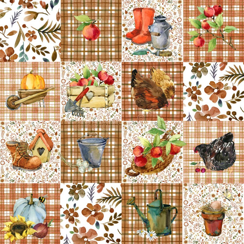 Seamless Pattern Illustration in Watercolor. Decorative Patchwork ...