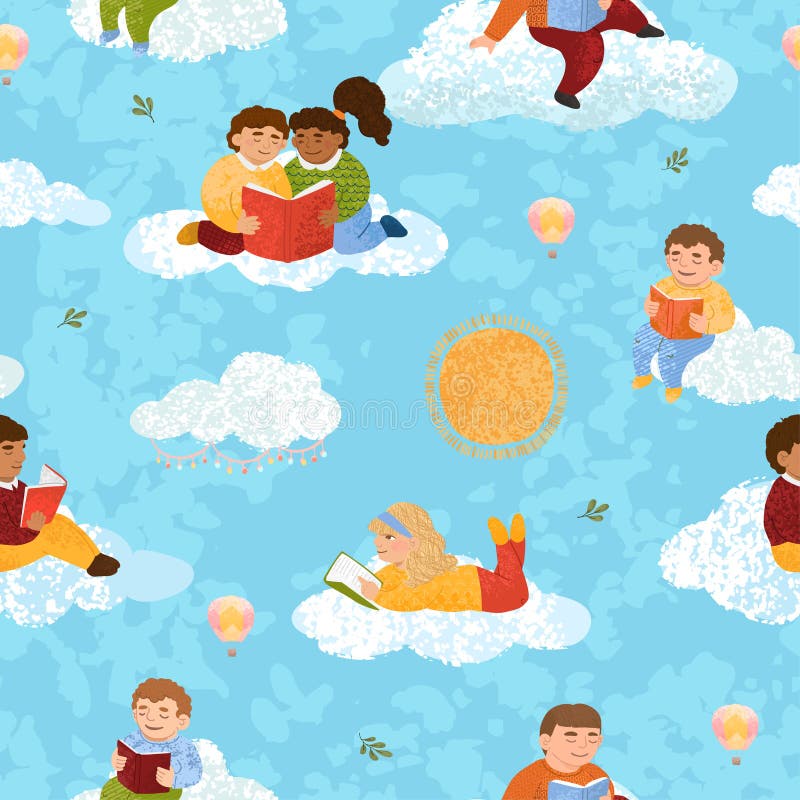 Seamless Pattern with Illustrations of Cute Children Who Read Books ...