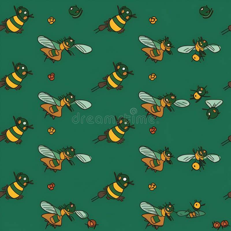 A Seamless Pattern With The Image Of Bright Cartoon Bees On A Green Background Stock