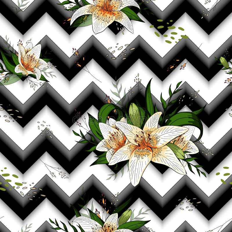 Seamless Pattern with Image Tiger Lily Flowers on a Geometric ...