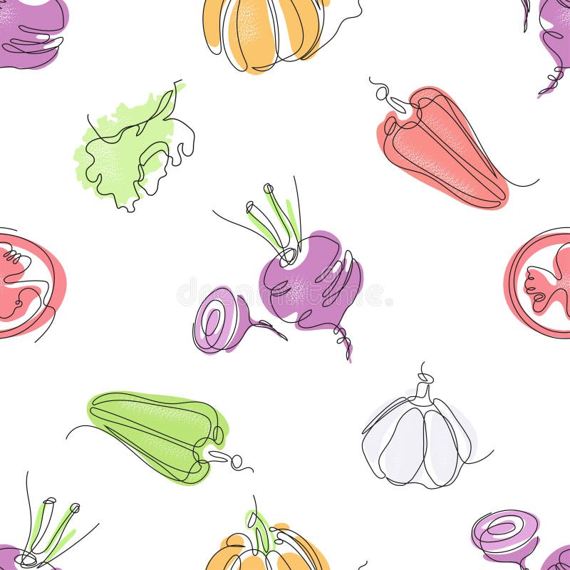 Seamless Pattern with the Image of Vegetables. Single Line Drawing ...