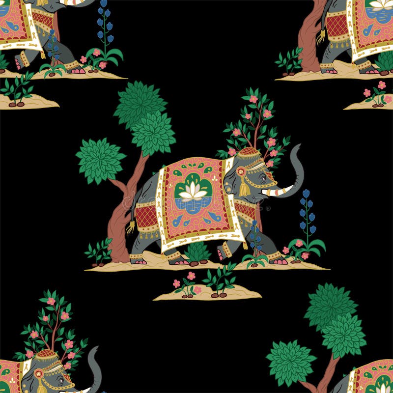 Seamless Pattern with Indian Elephants and Decorative Elements. Vector ...