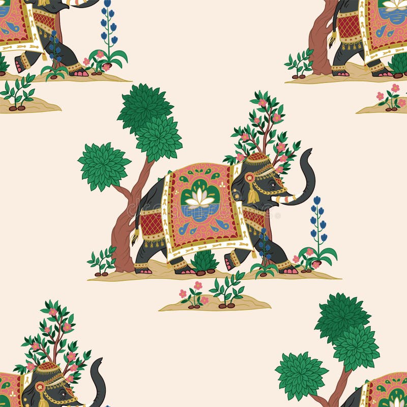 Seamless Pattern with Indian Elephants and Decorative Elements. Vector ...