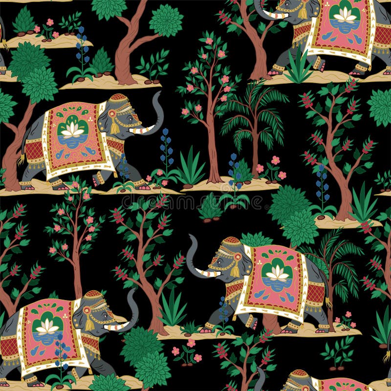 Seamless Pattern with Indian Elephants and Decorative Elements. Vector ...