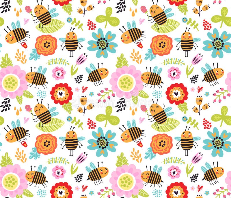 Seamless Pattern with Insects and Flowers. Stock Vector - Illustration ...