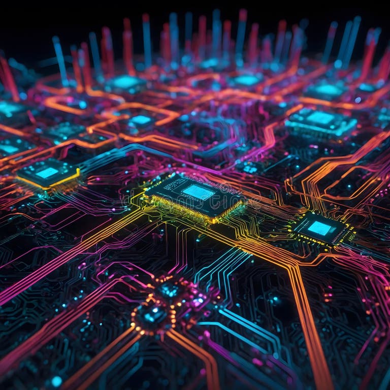 Seamless Pattern of Interconnected Circuits, Microchips, and Glowing ...