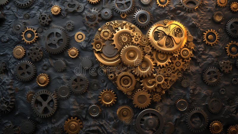 A Seamless Pattern of Interlocking Golden Gears Forming a Heart Shape ...