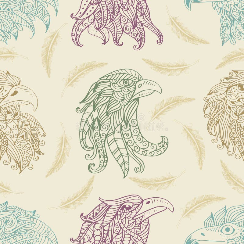 Seamless Pattern with Intricate Eagle Head and Feather Illustration ...