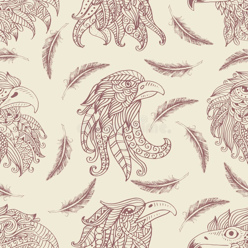 Seamless Pattern with Intricate Eagle Head and Feather Illustration ...