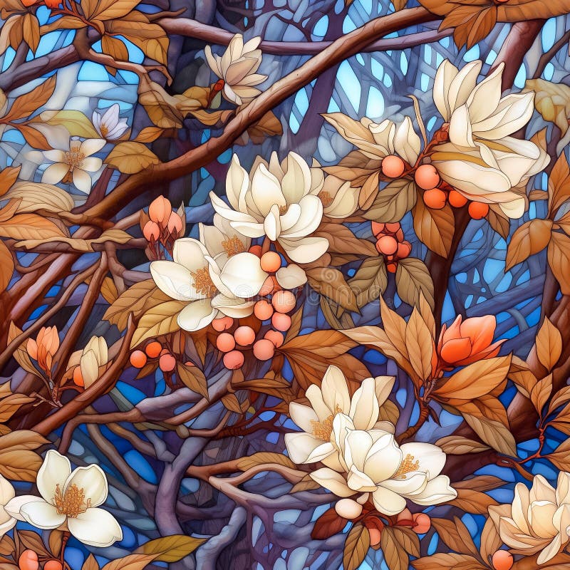 Seamless Pattern with Intricate Nature Texture of White Flowers, Leaves ...