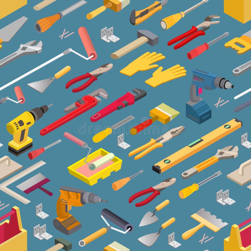 Seamless Pattern with Isometric Construction Tools. Vector Background ...