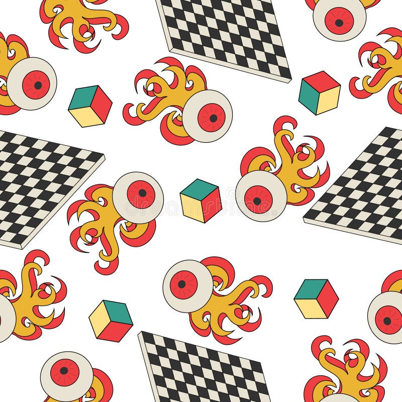 Seamless Pattern with Isometric Elements and Glowing Eyes in Hippie ...