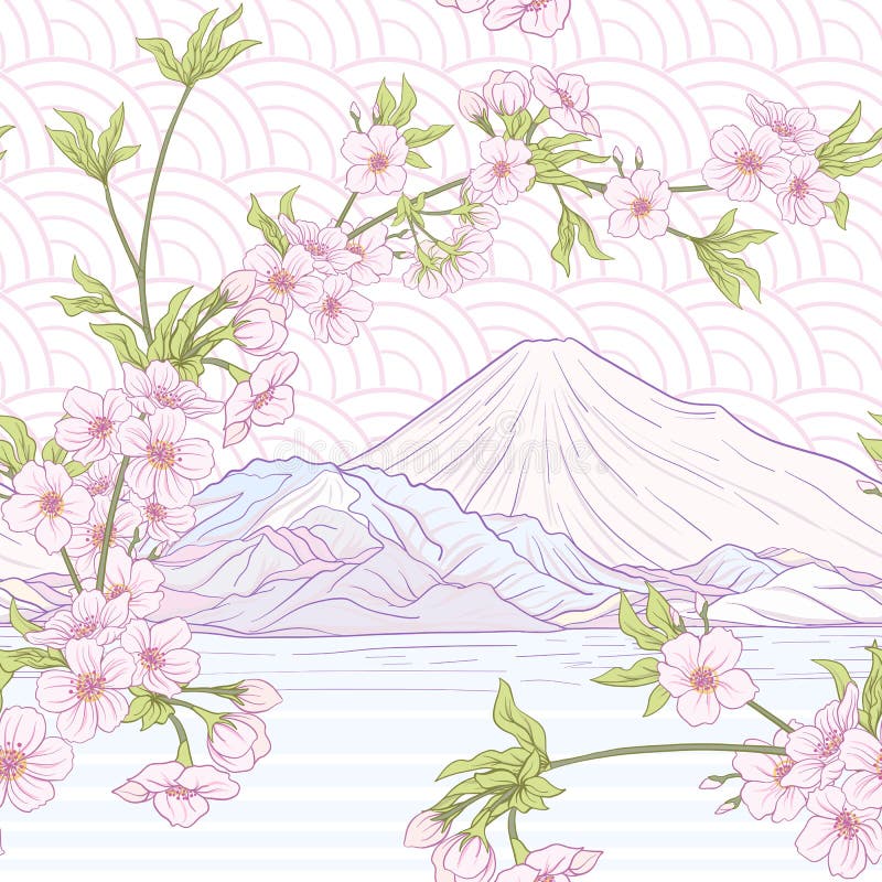 Seamless Pattern with Japanese Blossom Sakura and Mount Fuji. Ve Stock ...