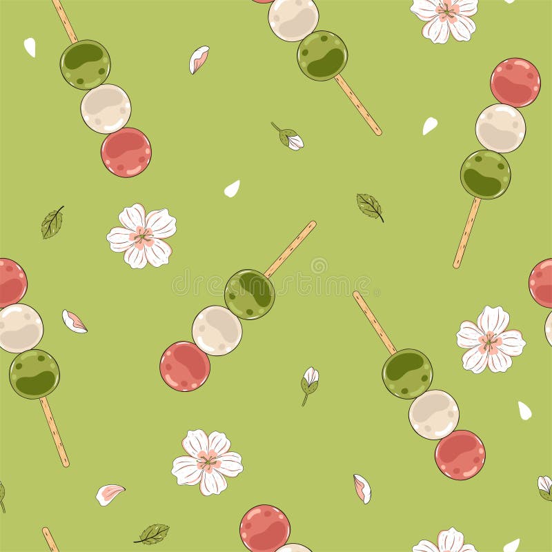 Seamless Pattern with Japanese Dango Dessert and Flowers. Vector ...