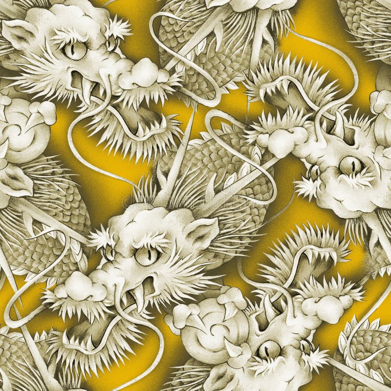 A Seamless Pattern of Japanese-style Hand-painted Dragons, Stock ...