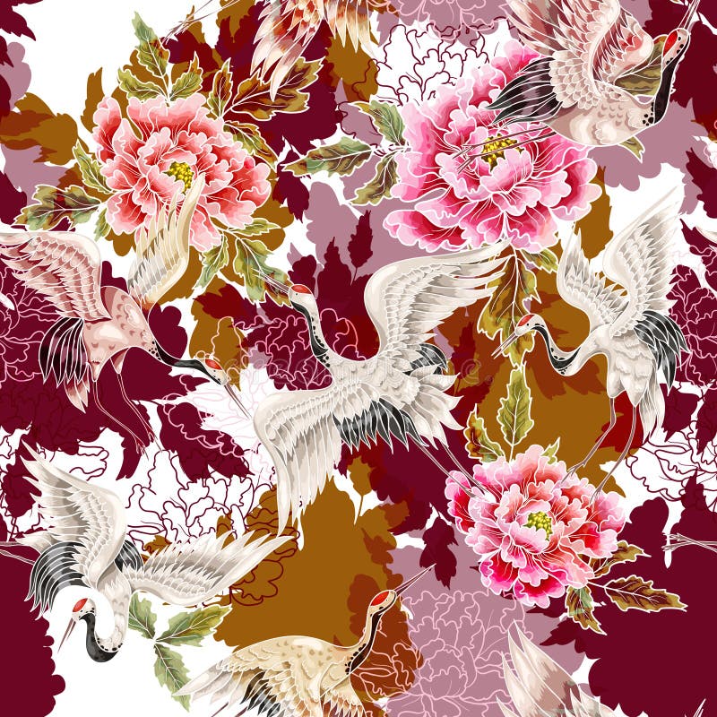 Seamless Pattern from Painted Aster Flowers and White Cranes. Japanese ...