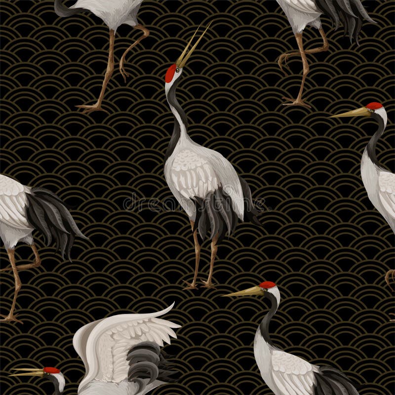 Seamless Pattern with Japanese White Cranes. Oriental Wallpaper. Stock ...