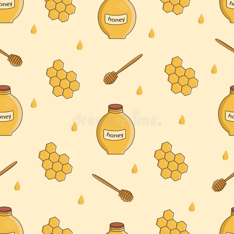 Seamless Pattern of a Jar of Honey, Stick for Honey and Honey Comb ...