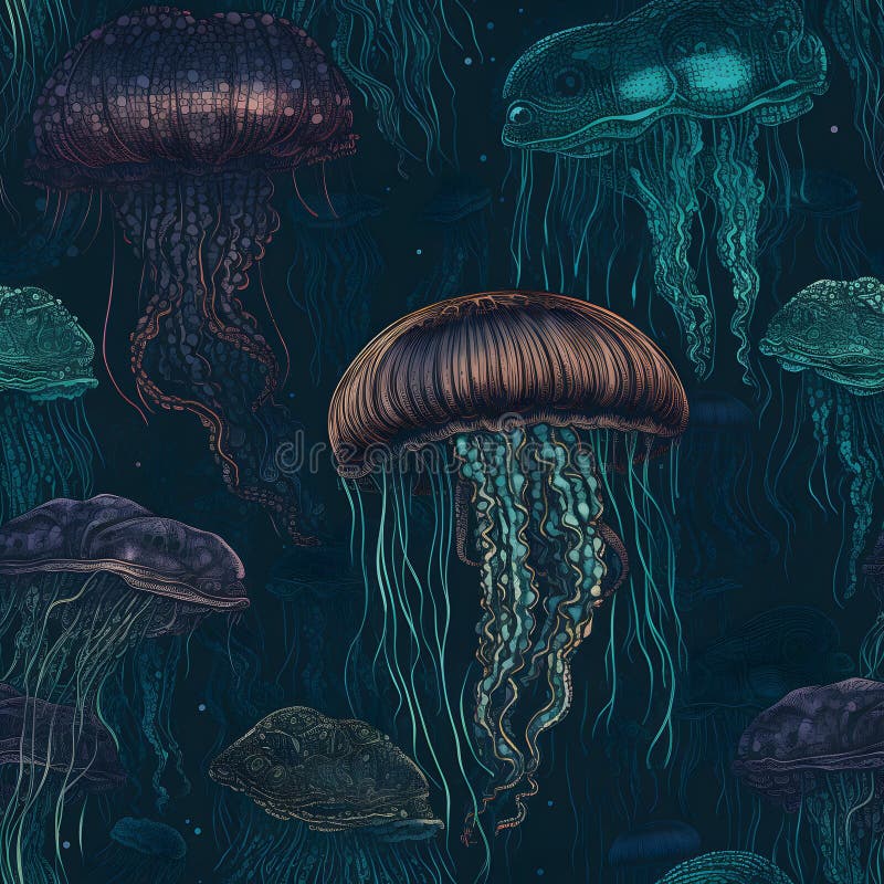 Seamless Jellyfish in the Deep Ocean, Texture Pattern, Generative AI ...