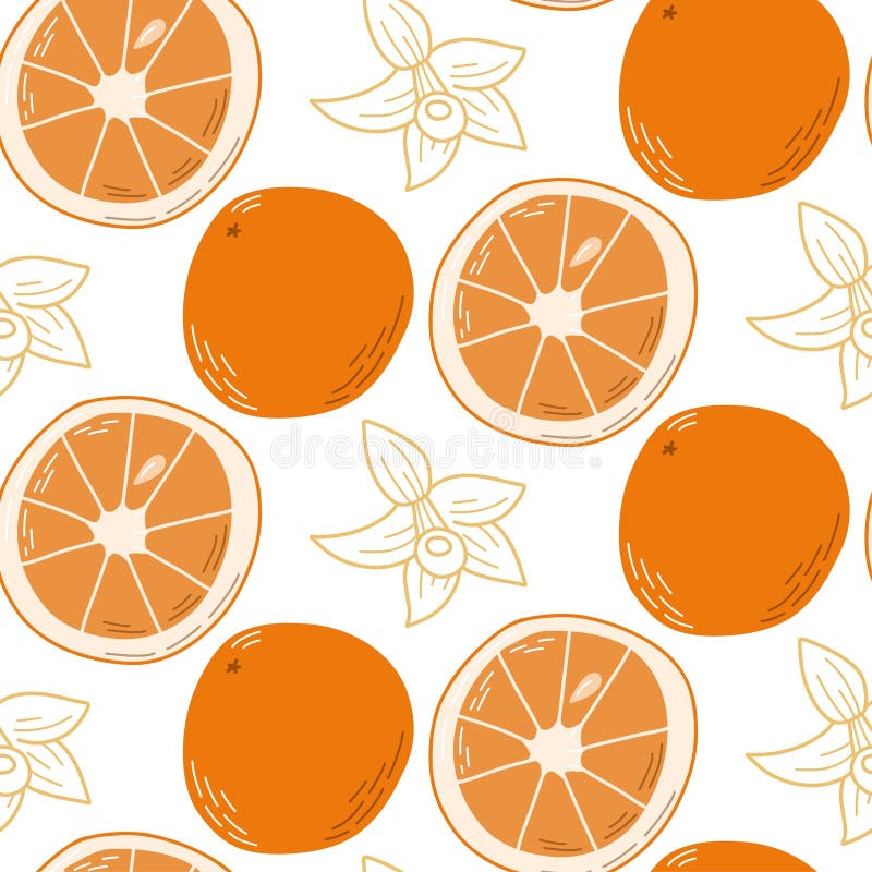 Seamless Pattern of Juicy Orange Slices and Fruit with Leaves Stock ...