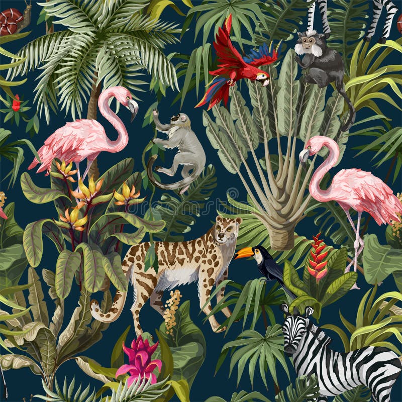 Seamless Pattern with Jungle Animals, Flowers and Trees. Vector. Stock ...