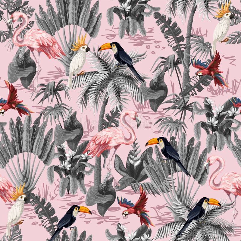 Seamless Pattern with Jungle Animals, Flowers and Trees. Vector. Stock ...