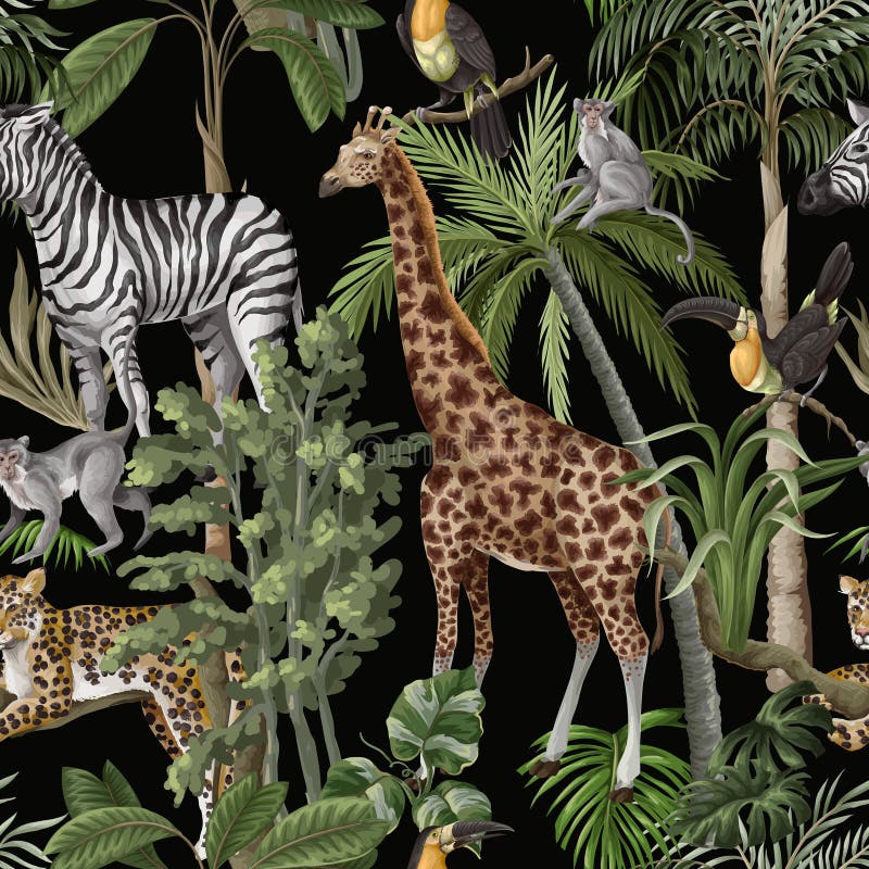 Seamless Pattern with Jungle Animals and Trees. Palm Trees, Giraffe ...