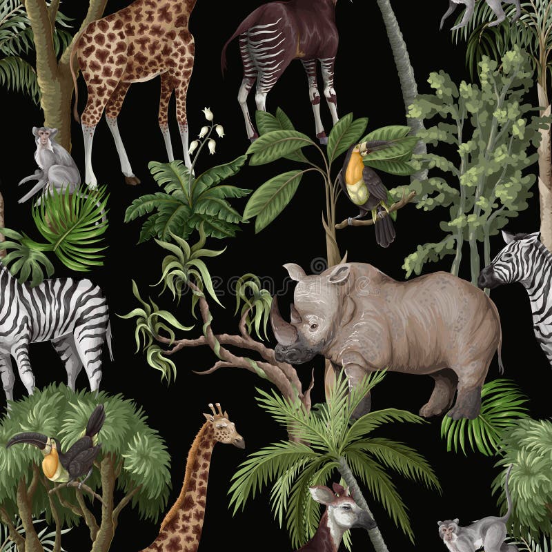 Seamless Pattern with Jungle Animals and Trees. Palm Trees, Giraffe ...